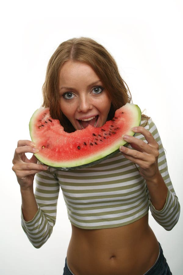 Happy Woman Enjoying Eating a Slice of Watermelon Stock Photo - Image ...