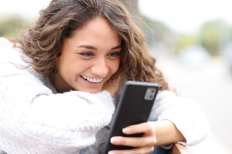 Happy Woman Enjoying Using Mobile Phone Stock Image - Image of people ...