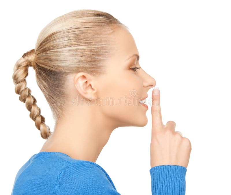 Happy Woman with Finger on Lips Stock Image - Image of enigmatic ...
