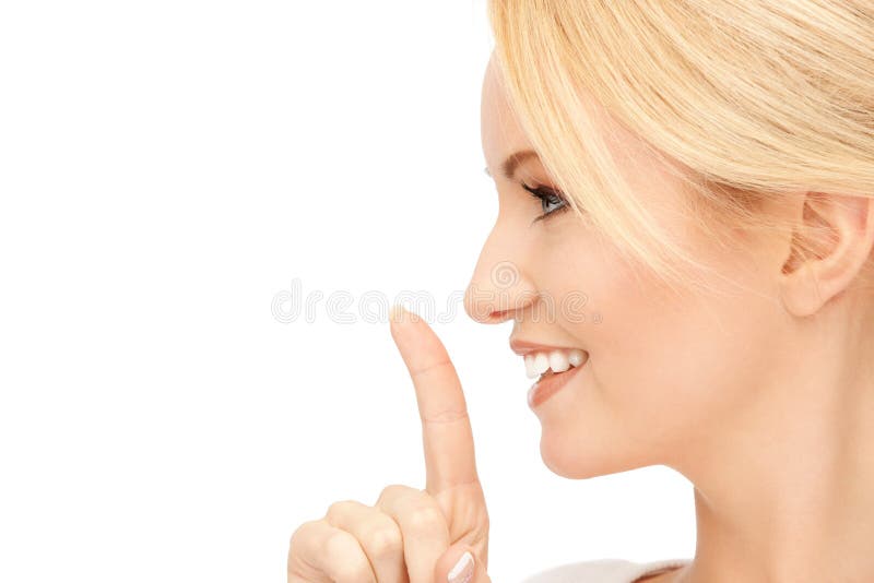 Happy Woman with Finger on Lips Stock Image - Image of expression ...