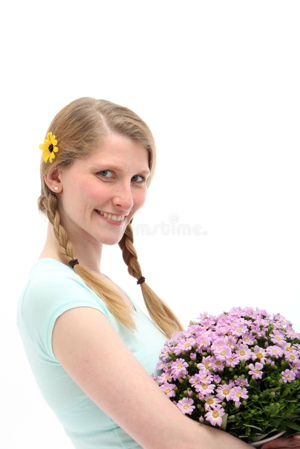 Happy Woman with Flower Bouquet Stock Image - Image of pretty ...