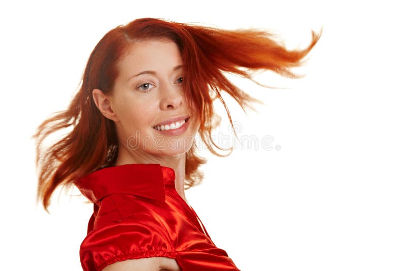 Happy Woman with Flying Red Hair Stock Photo - Image of portrait ...