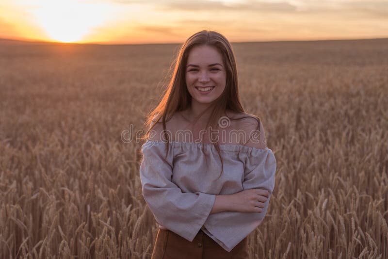 Happy Woman Get High in Field of Wheat. Sunset Sky Stock Image - Image ...