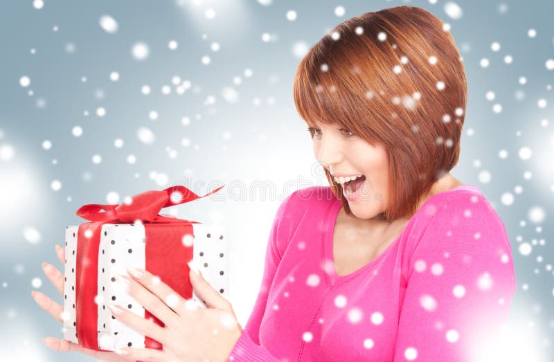 Happy woman with gift box stock photo. Image of face - 38616798