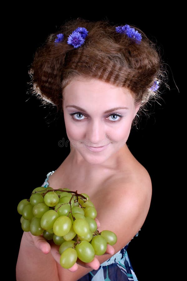 Happy woman with grape stock image. Image of food, attractive - 15533173
