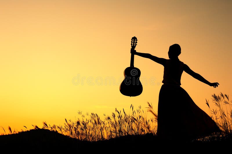 Happy Woman and Guitar with Sunset Silhouette Stock Image - Image of ...