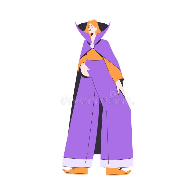 Happy Woman At Halloween Party Standing In Dracula Costume Vector