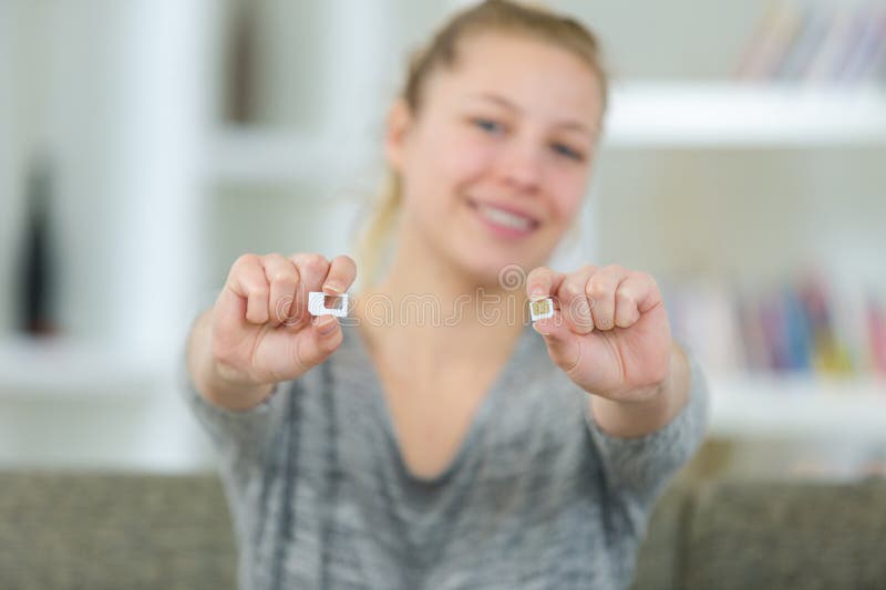 Happy Woman Hand Holding Sim Card Stock Image - Image of showing, micro ...