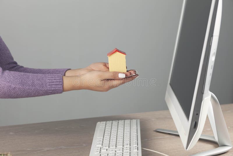Happy Woman Hand House Model. Stock Photo - Image of desktop, business ...
