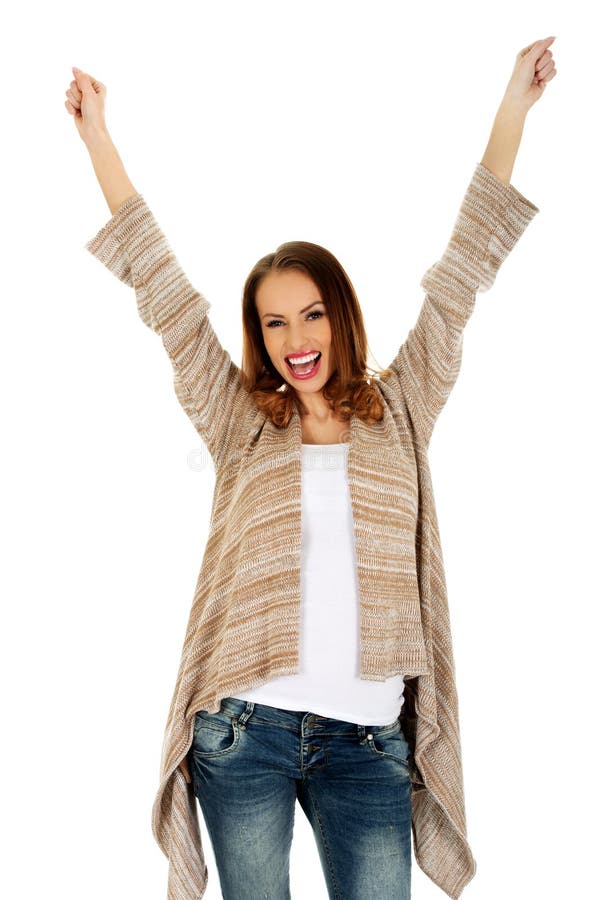 Happy woman with hands up. stock image. Image of successful - 58953087