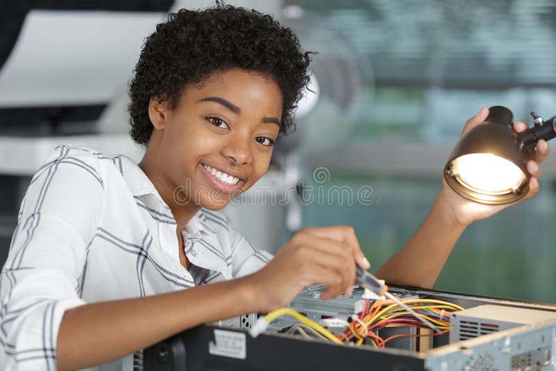 Happy Woman during Hard Drive Repair Stock Photo - Image of help ...