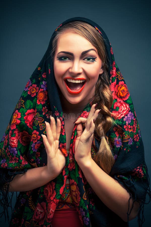 Happy Woman in a Headscarf in the Russian Style. Stock Image - Image of ...