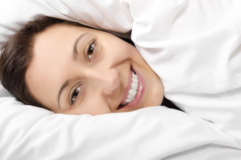 Happy Woman Hiding Under the Duvet Stock Photo - Image of relaxing ...