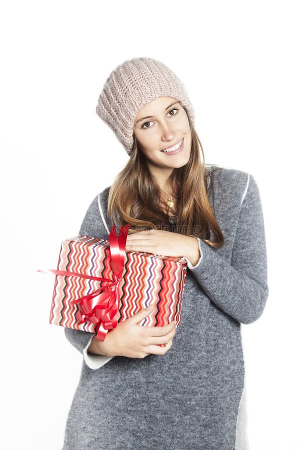 Happy Woman Hold Gift Box. White Background Isolated Stock Photo ... Happy Woman Hold Gift Box. White Background Isolated Stock Photo ...