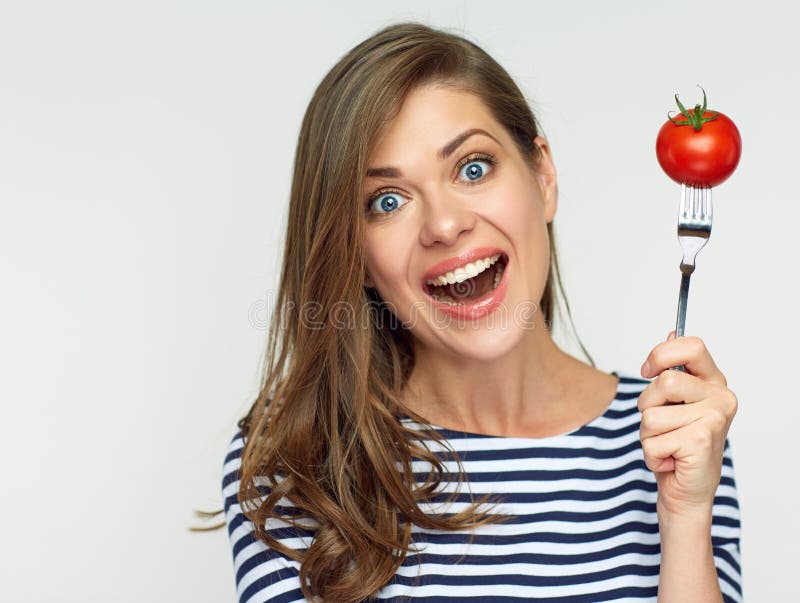 Smiling Young Woman Holding Tomato On Fork Stock Image Image Of