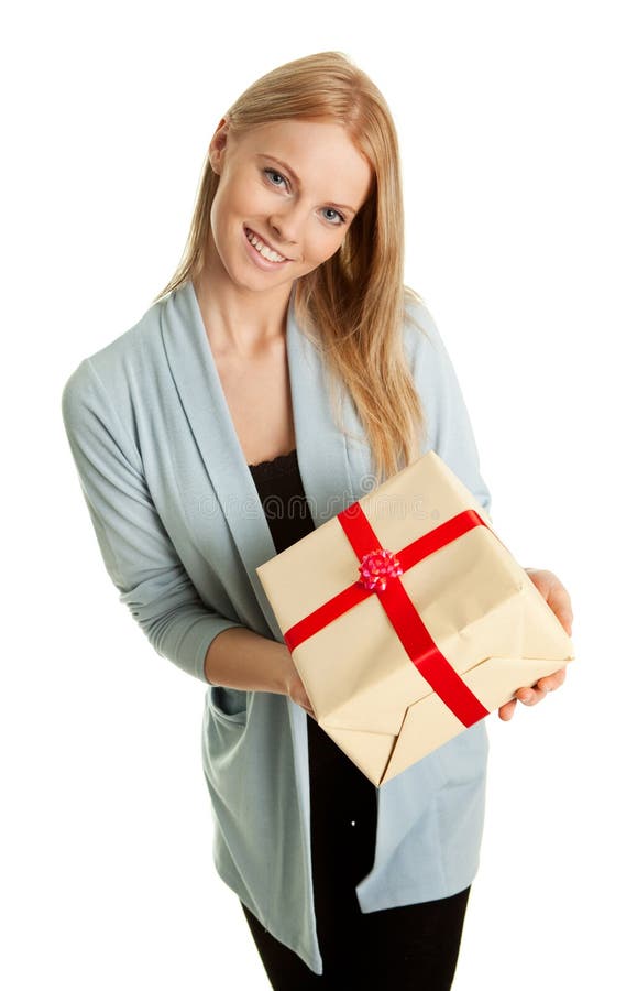 Happy Woman Holding Gift Box Stock Image - Image of face, beauty: 18262589