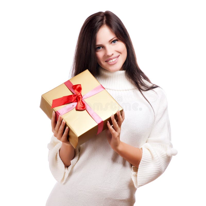 Happy Young Woman Holding Gift Box Stock Image - Image of person, funny ...