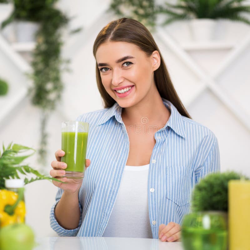 Happy Woman Holding Glass Of Healthy Smoothie Stock Image Image Of