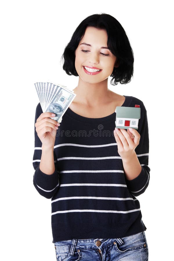 Happy Woman Holding a House Model and Dollar Bills Stock Image - Image ...