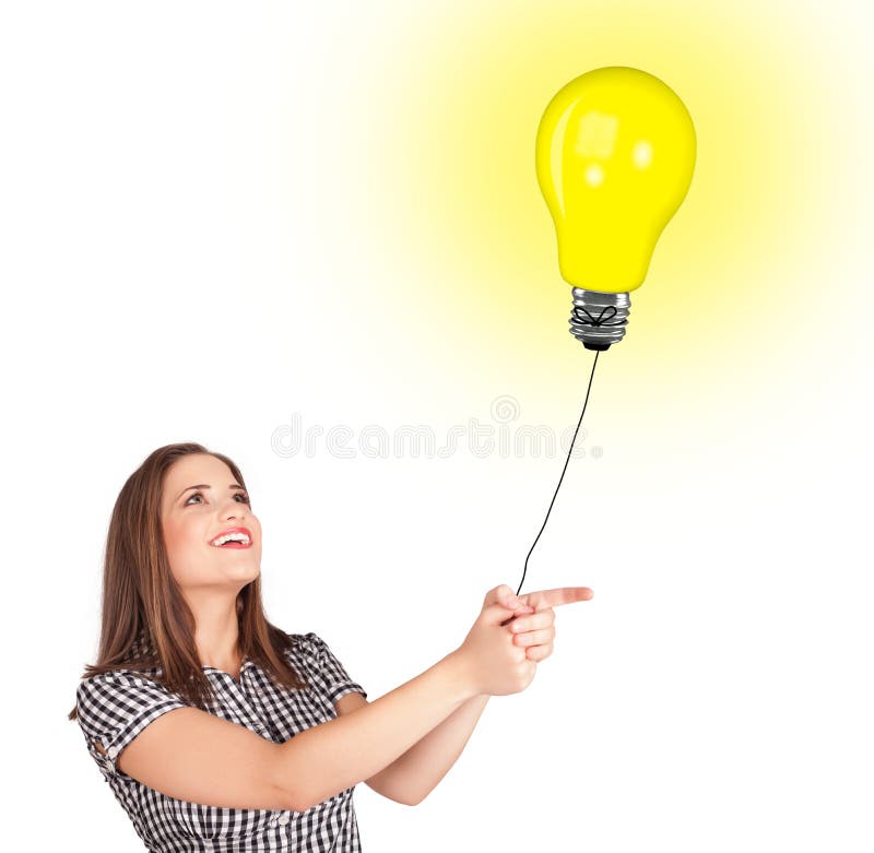 Happy Woman Holding a Light Bulb Balloon Stock Photo - Image of bulb ...