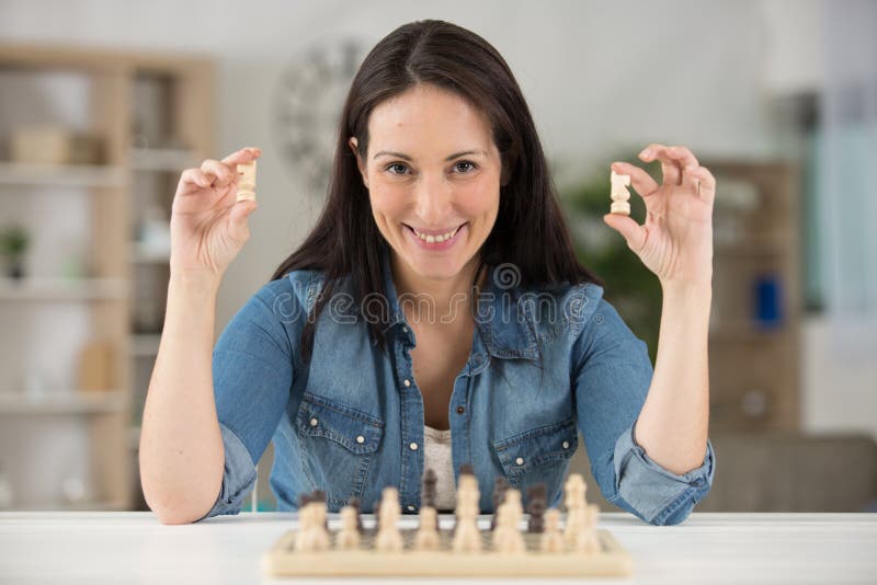 Happy Woman at Home Playing Chess Alone Stock Image - Image of think ...