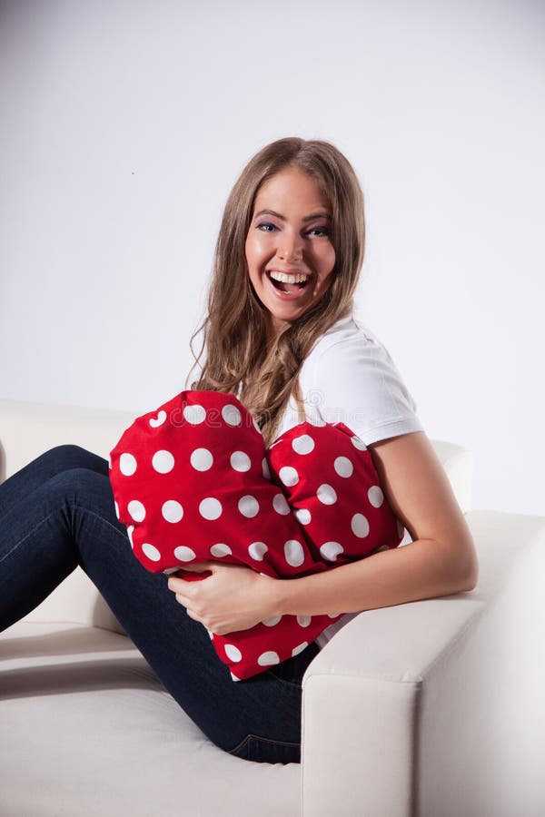 205 Happy Woman Hugging Heart Pillow Stock Photos - Free & Royalty-Free ...