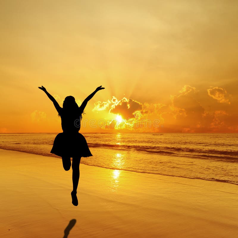 Happy Beautiful Woman Running at Beach Sunset Stock Image - Image of ...