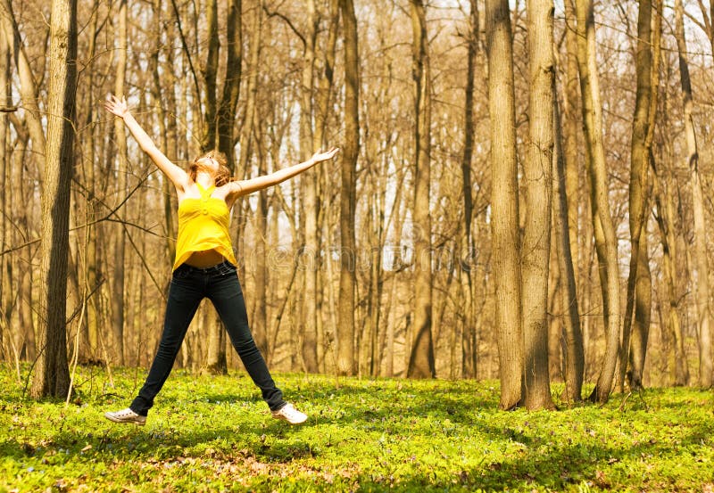 Happy Woman Jumping in Spring Nature Stock Image - Image of happy ...