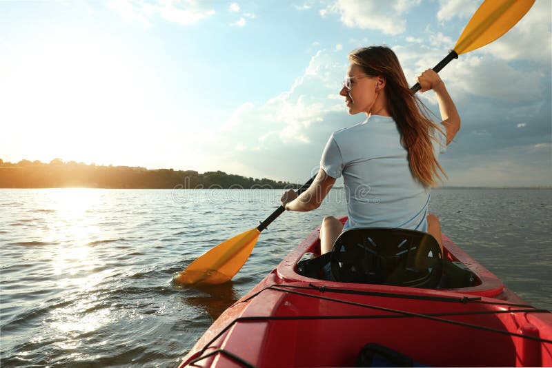 Happy Woman Kayaking on River, Back View. Summer Activity Stock Photo ...