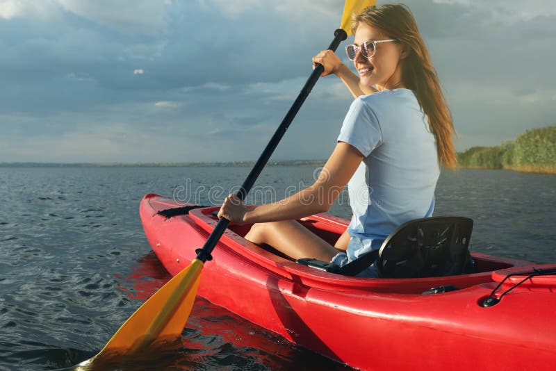 Happy Woman Kayaking on River. Summer Activity Stock Image - Image of ...
