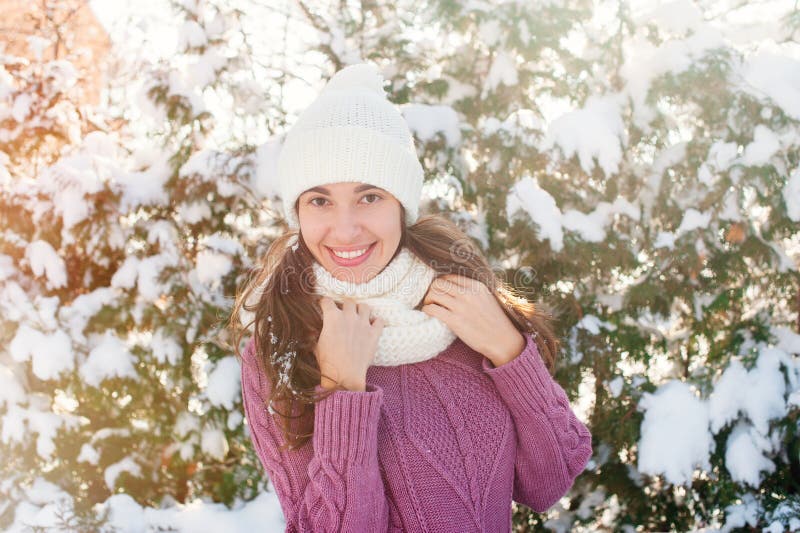 Happy Woman in Knitted Winter Cap Stock Photo - Image of frost, girl ...