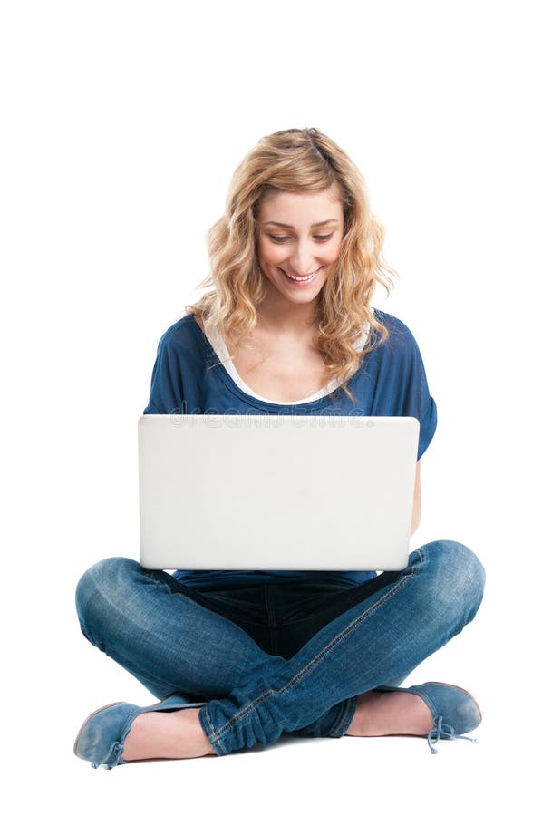 Girl Teenager Using Wireless Laptop. Woman Typing in Computer Lying on ...