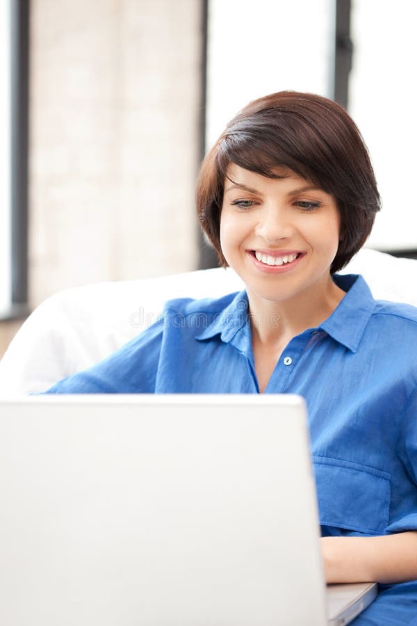 Happy Woman at Bookcase with Computer Stock Image - Image of american ...