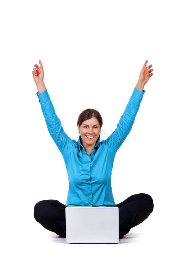Happy Woman with Laptop Computer Stock Image - Image of female ...