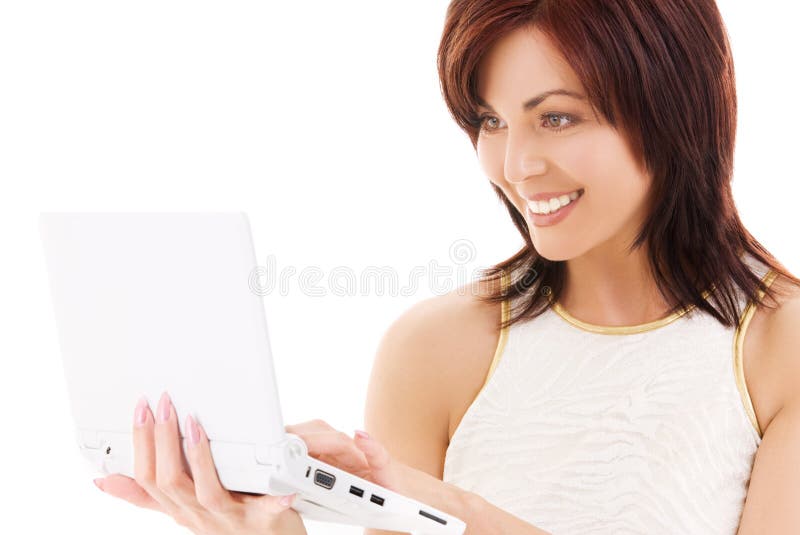Happy Woman with Laptop Computer Stock Photo - Image of brunette ...