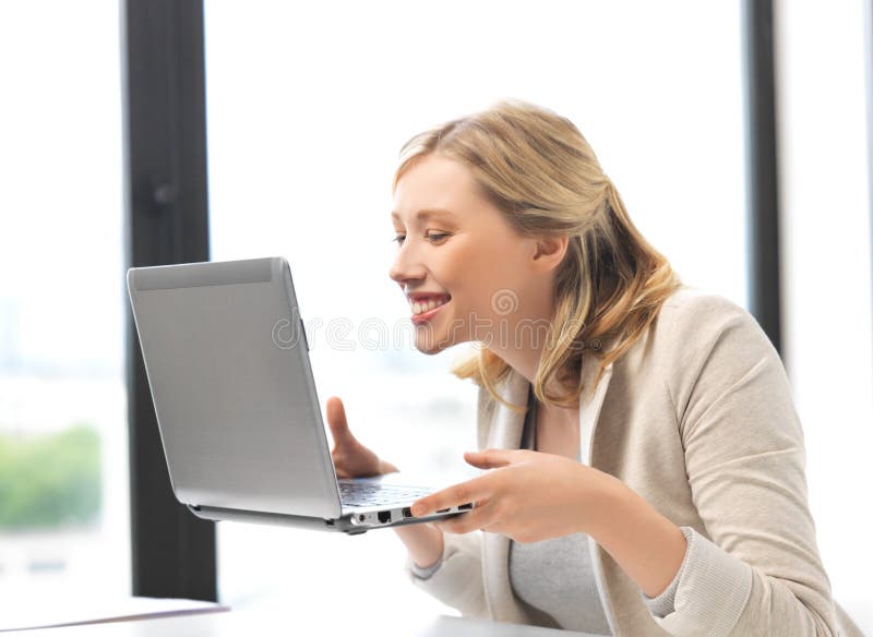 Happy Businesswoman Sitting at Computer Desk Stock Image - Image of ...