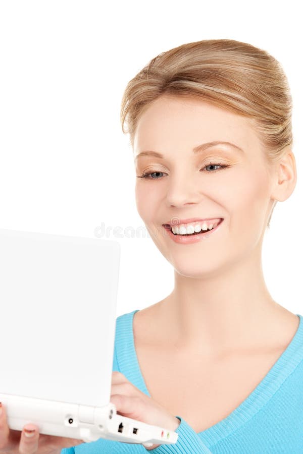 Happy Woman with Laptop Computer Stock Image - Image of beautiful ...