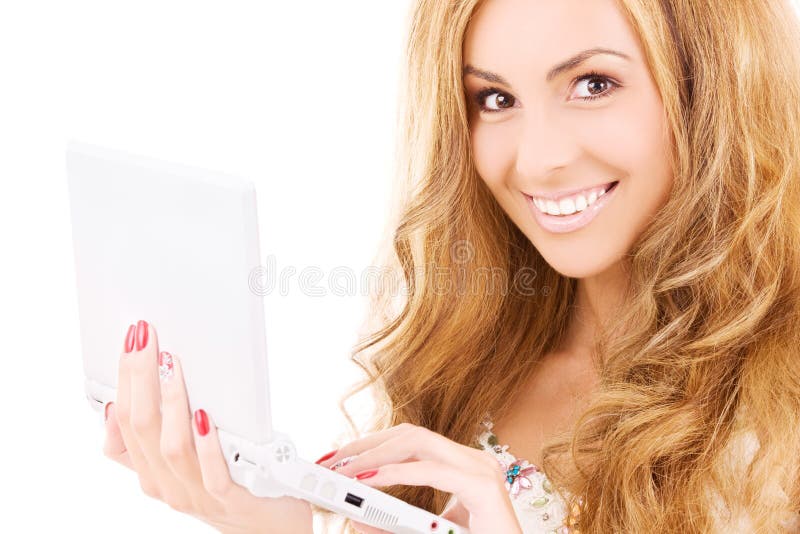 Happy Woman with Laptop Computer Stock Image - Image of caucasian, cute ...
