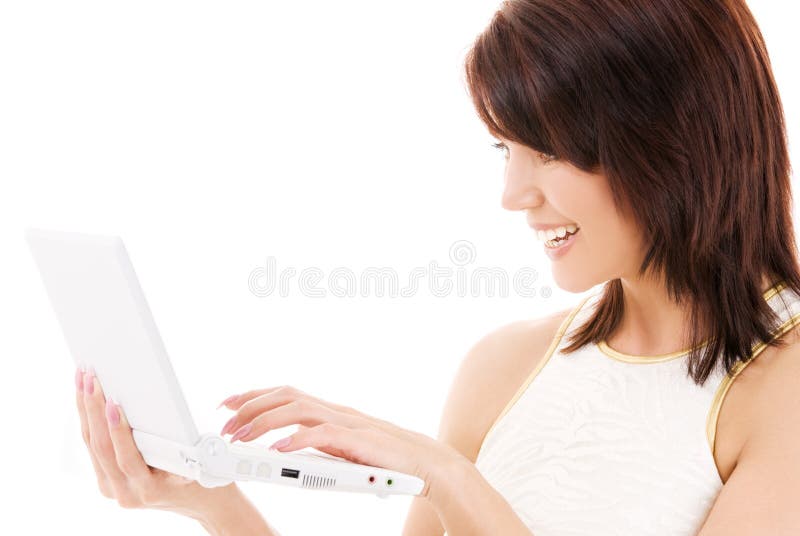 Happy Woman with Laptop Computer Stock Photo - Image of brunette, girl ...