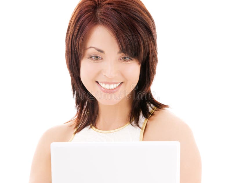 Happy Woman with Laptop Computer Stock Image - Image of closeup, lovely ...