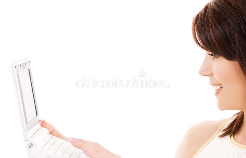 Happy Woman with Laptop Computer Stock Image - Image of closeup, access ...
