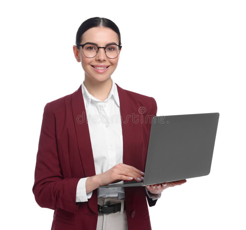 Happy Woman with Laptop on White Background Stock Photo - Image of ...
