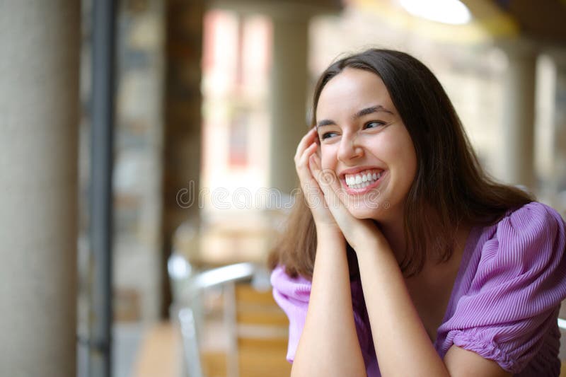 Happy Woman Laughing Alone in a Bar Stock Photo - Image of spontaneous ...