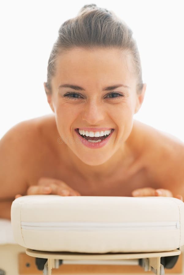 Happy Woman Laying on Massage Table Stock Image - Image of smile ...