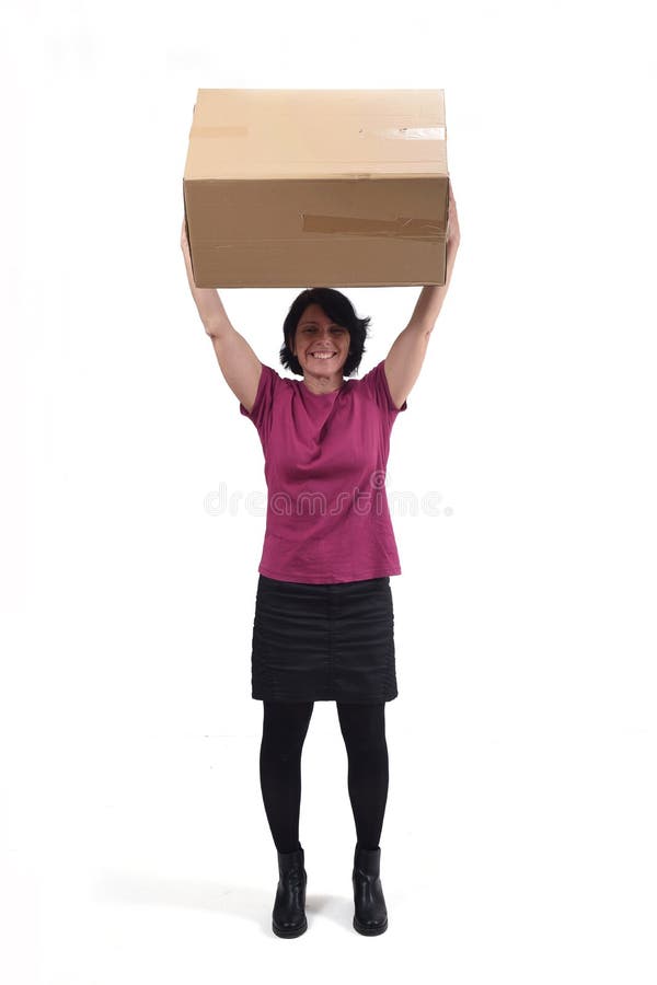 Happy Woman Lifting a Package on White Background Stock Photo - Image ...