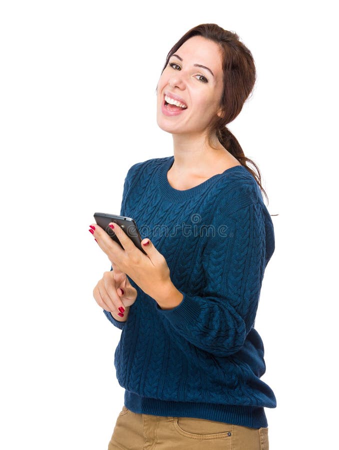Happy Woman Look at Mobile Phone Stock Image - Image of background ...