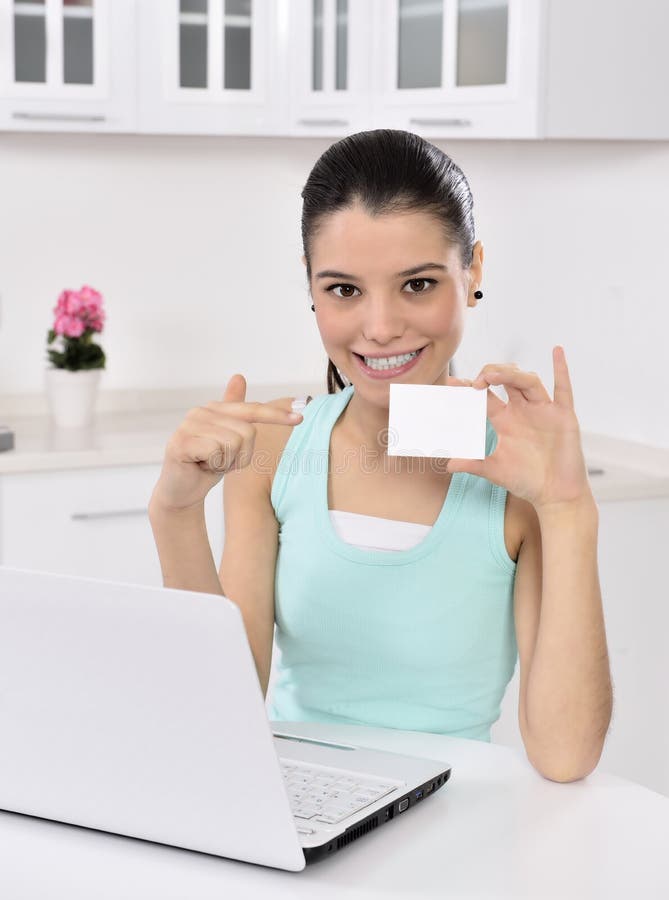 Woman Purchasing Product Using Her Laptop Computer Stock Photo - Image ...