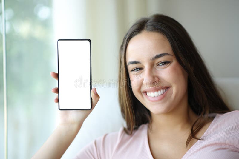 Happy Woman Showing Blank Cell Phone Screen at Home Stock Image - Image ...