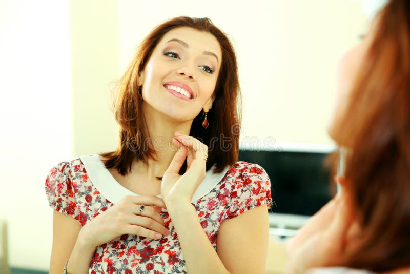 Happy Woman Looking on Her Reflection in the Mirror Stock Image - Image ...