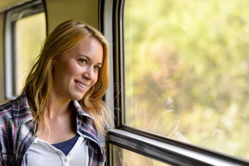 Happy Woman Looking Out Train Window Pensive Stock Photo - Image of ...